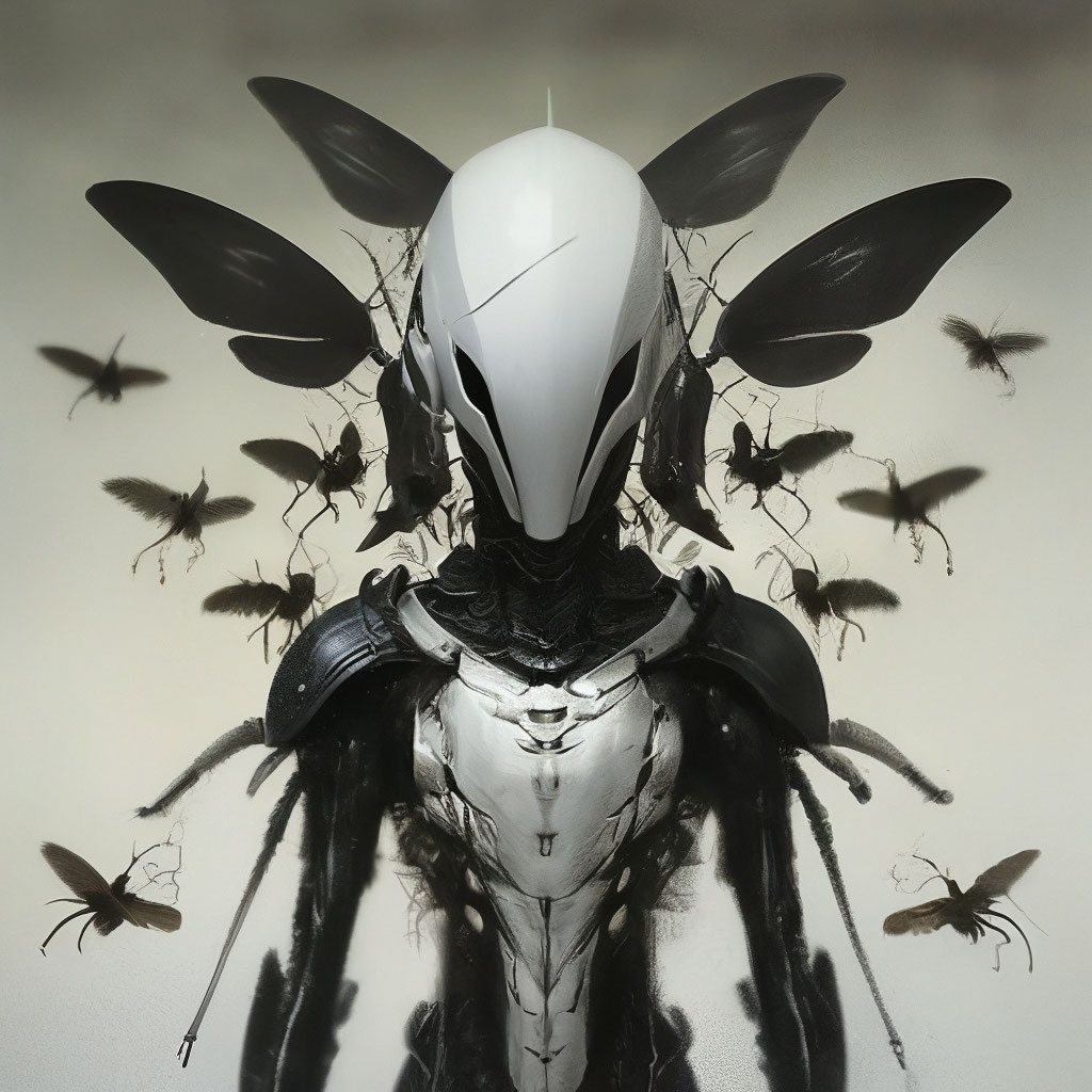 "Humanoid creature, pale shadow, black body, white helmet, with the ...