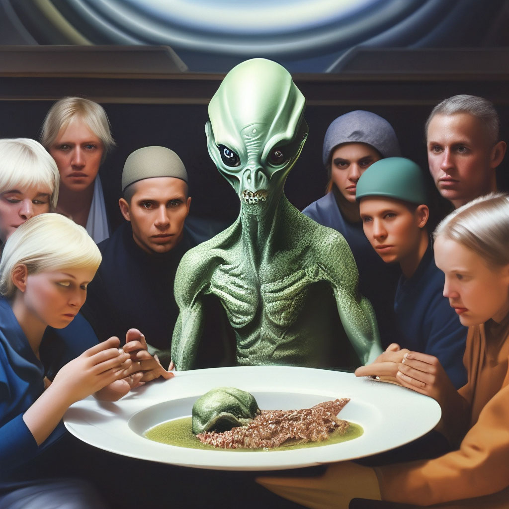 "Not at ease an alien is sitting on a plate with people around him ...