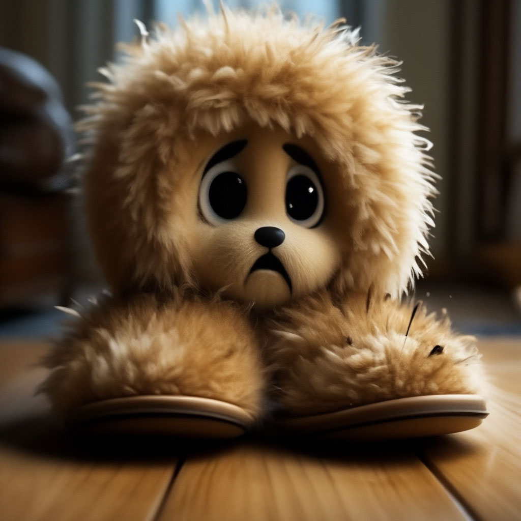 "A cute, fluffy slipper with eyes is crying and crying because it's ...