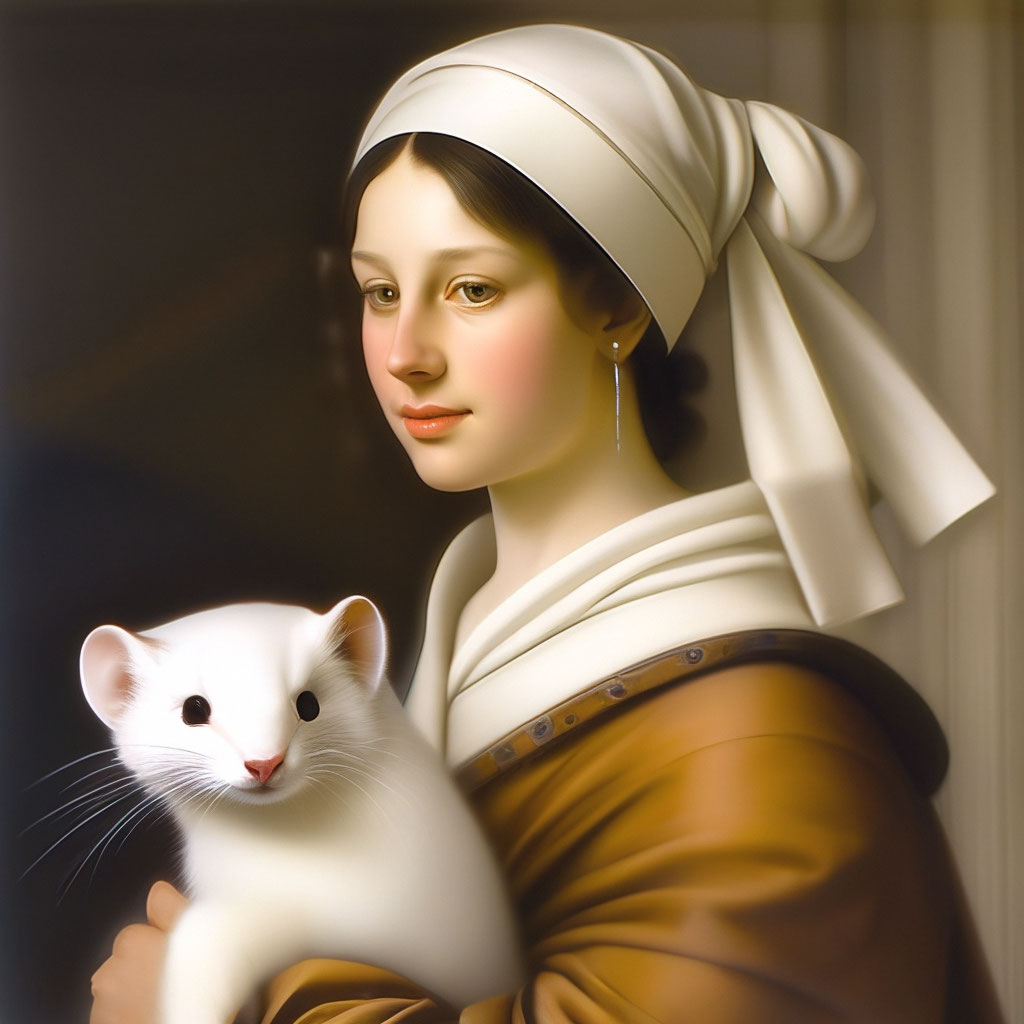 "A lady with an ermine, in the style of da Vinci, delicate facial ...