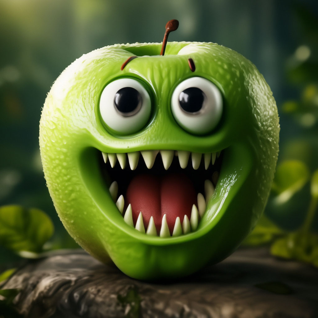 "A toothy worm with big eyes in a big green apple" — image created in ...