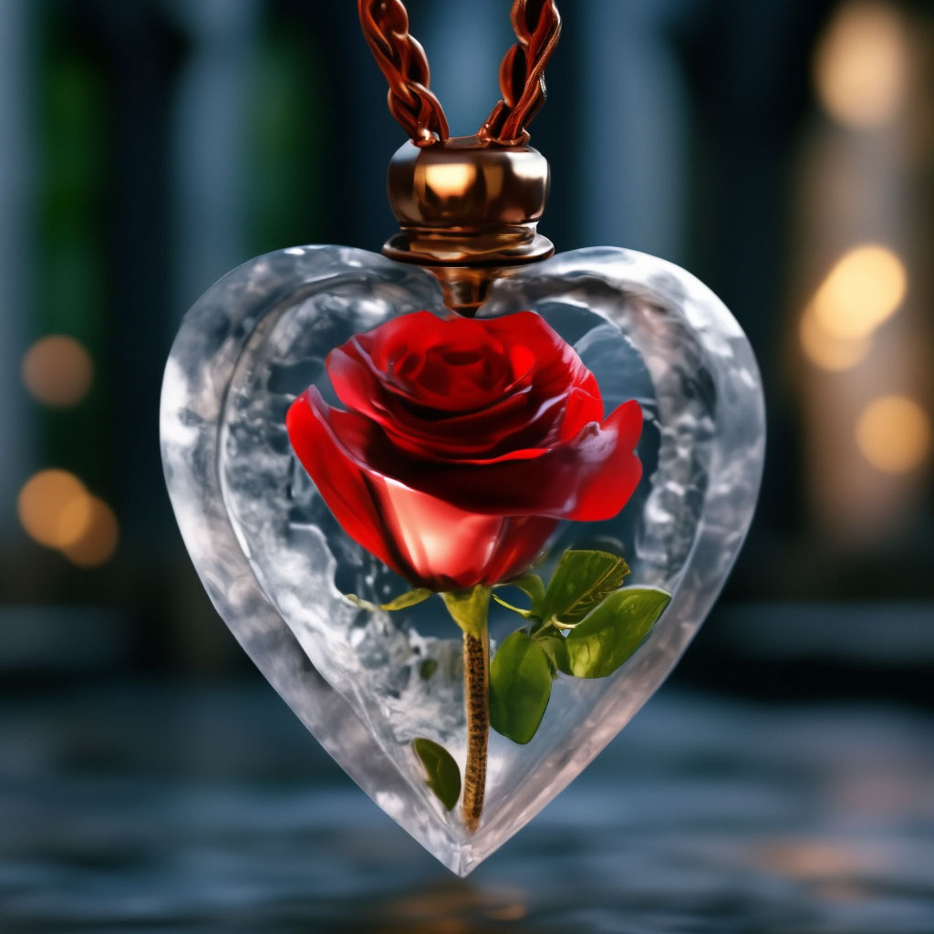 "Amulet in the form of a transparent ice heart, inside there is a rose ...