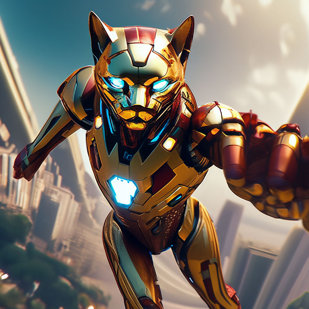 "Humanoid cat in the style of the movie iron man, parallel world ...