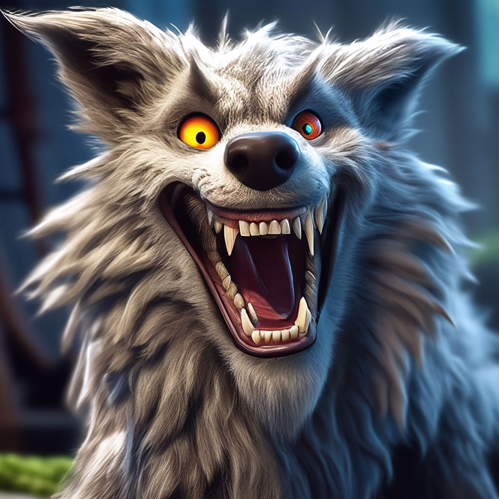 "Creep funny bug-eyed werewolf, detailed expressive eyes, sitting ...