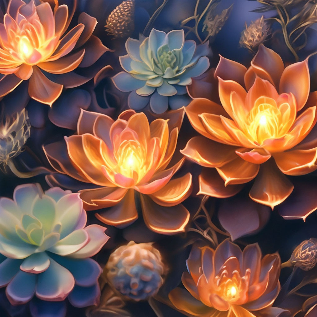 "Fractal succulents of petals, amber and fireflies" — image created in ...