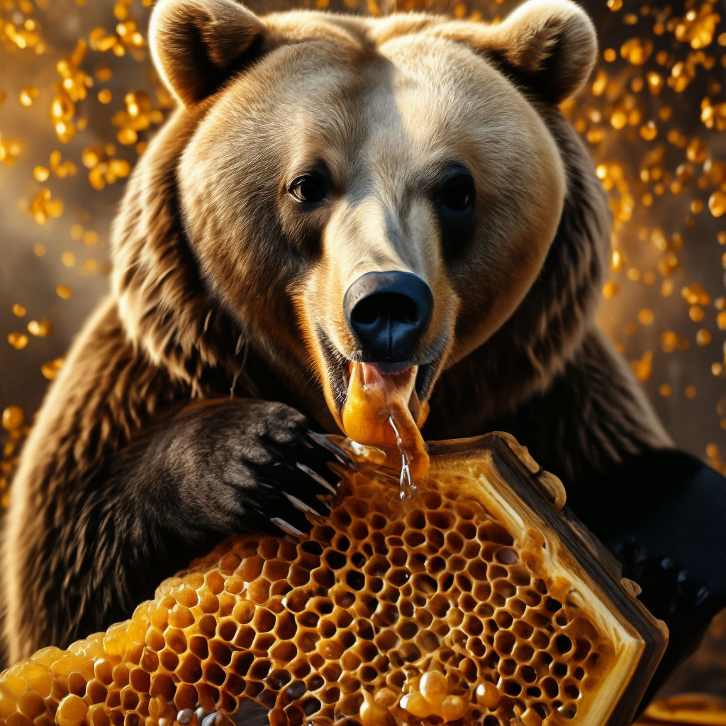 "A bear eats honey in a honeycomb, perfect composition, hyperrealism ...