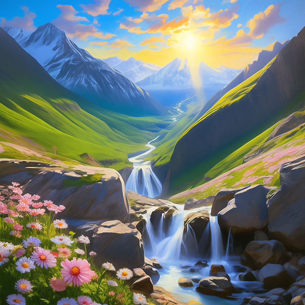 "View from the mountain to the altai valley, waterfall, white stones ...
