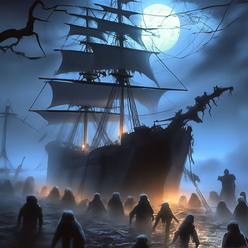 "Ghost ship on the deck of sinister zombies. Night, bright moon ...