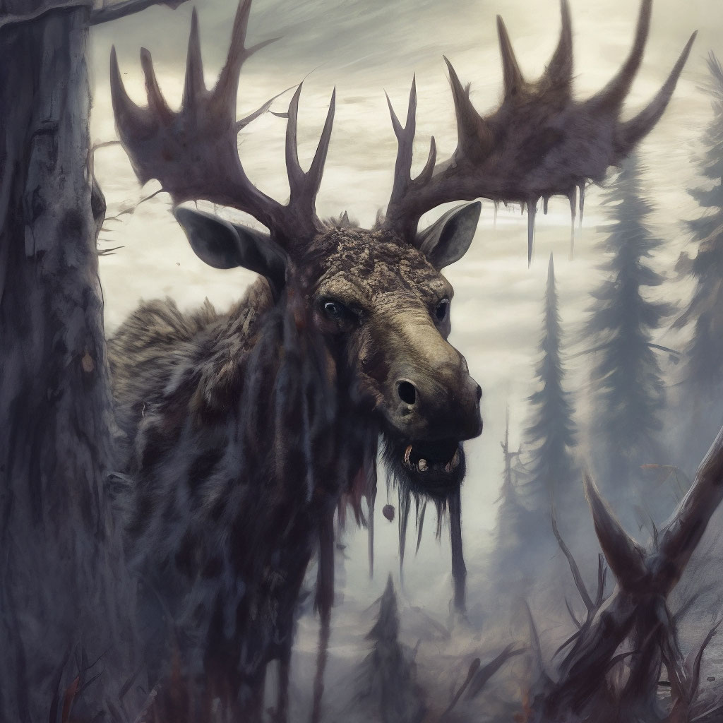 "Creepy zombie moose peeks out from behind a tree" — image created in ...
