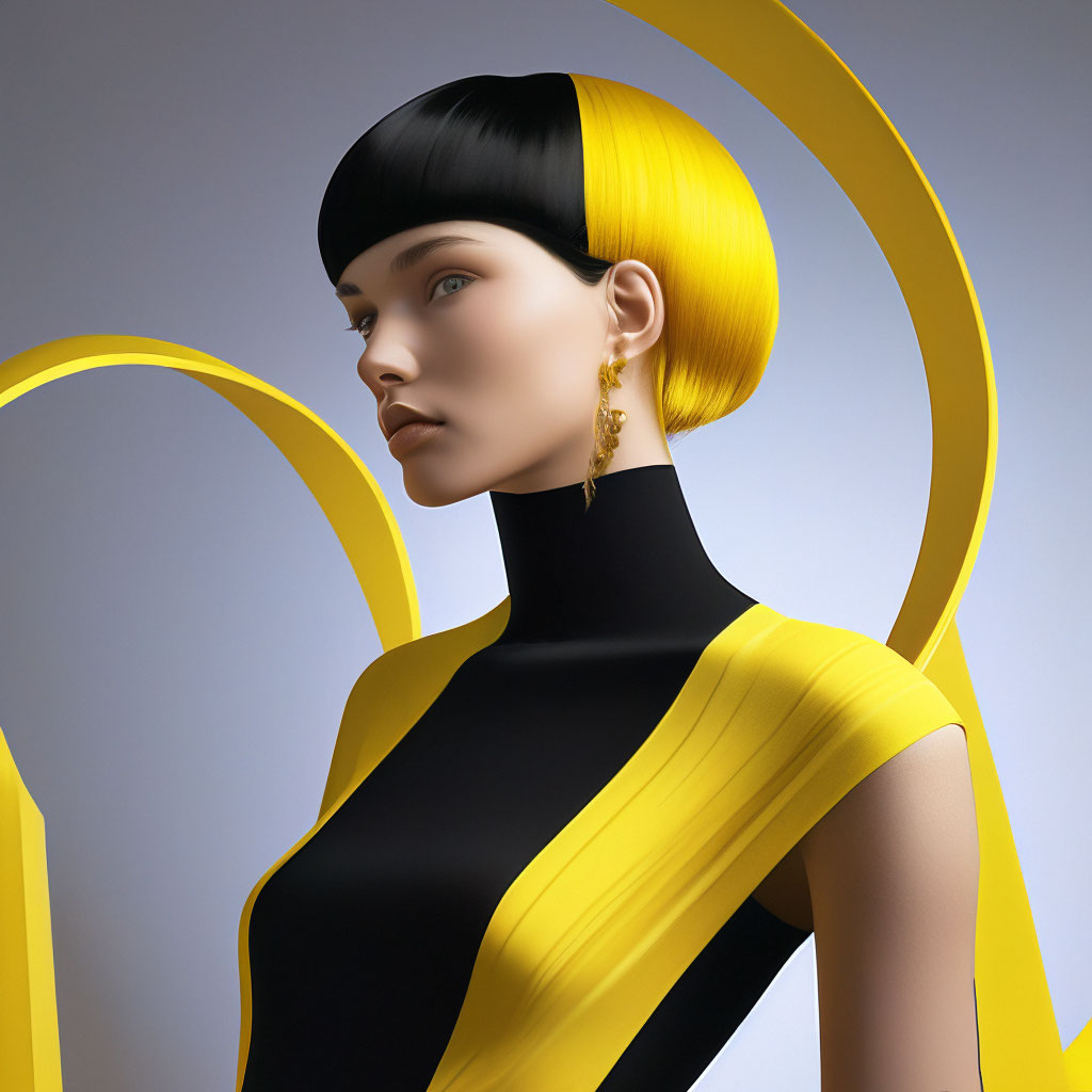 "Conceptual digital portrait. short hairstyle , black and yellow ...