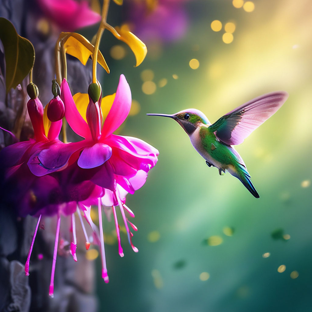 "Fuchsia and hummingbirds bright hanging fuchsia flowers with warm ...