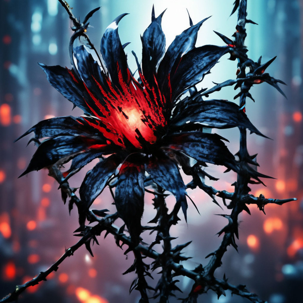 "Predatory flower, barbed wire" — image created in Shedevrum