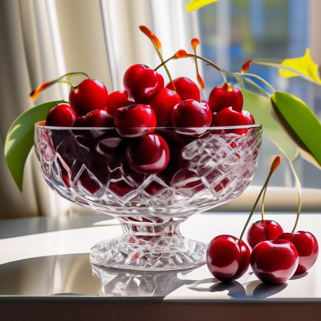 "Ripe cherries in a crystal vase on the window, sunlight, photorealism ...