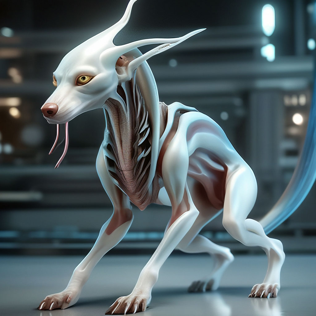 "Alien zangesian greyhound, transparent skin, visible internal organs ...