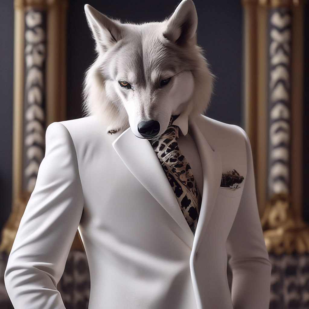 "A man with a wolf's head in a white jacket with a snakeskin tie, more ...