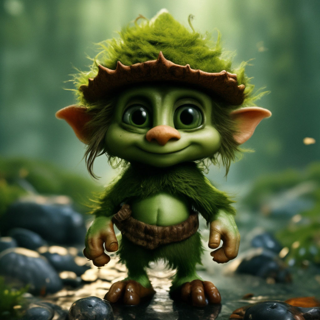 "Cute green troll,anthropomorphic,huge eyes, green tattoos, acorn hat ...