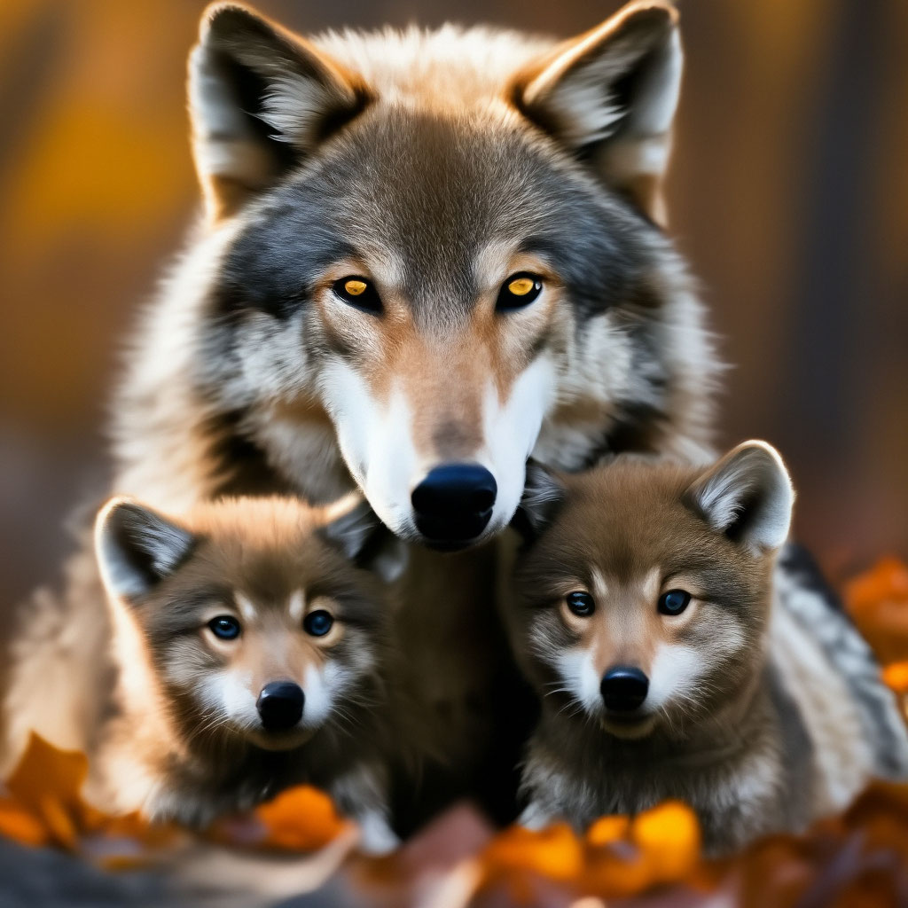 "Nursing mother wolf with cubs, soft light, glitter, professional photo ...