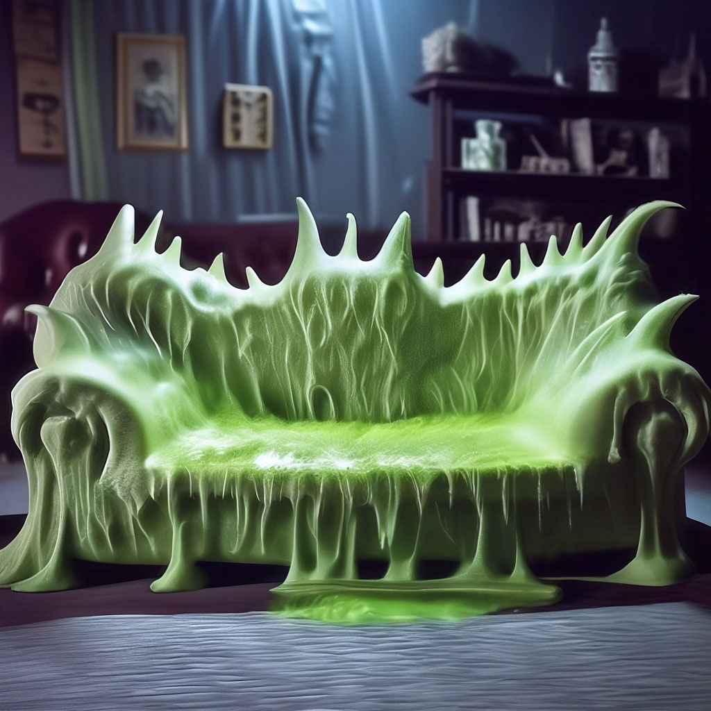 "A living sofa from a horror movie + scary + fangs + slime + creepy ...