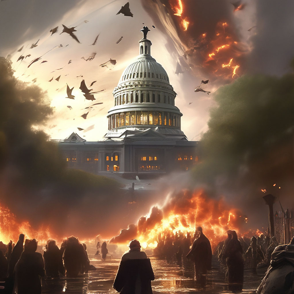 "The fall of the Capitol (Washington), tragic, dramatic, 32k, realistic ...