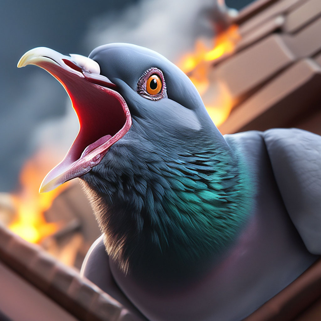 "Crazy pigeon screaming, in the chimney" — image created in Shedevrum
