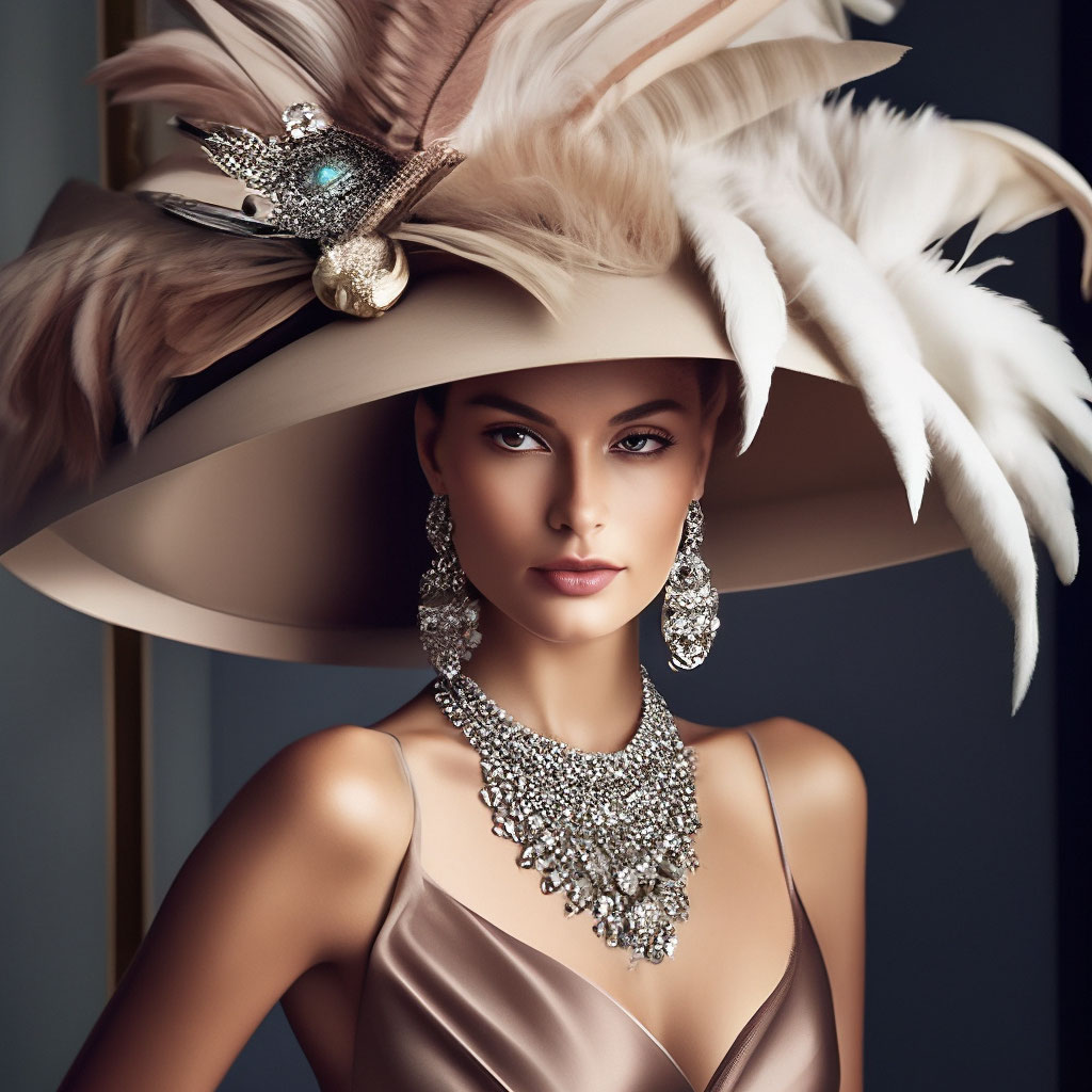 "A fashionable lady in a hat with feathers, expensive jewelry, luxury ...