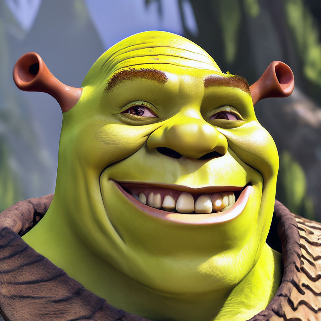 "Shrek is smiling very broadly" — image created in Shedevrum