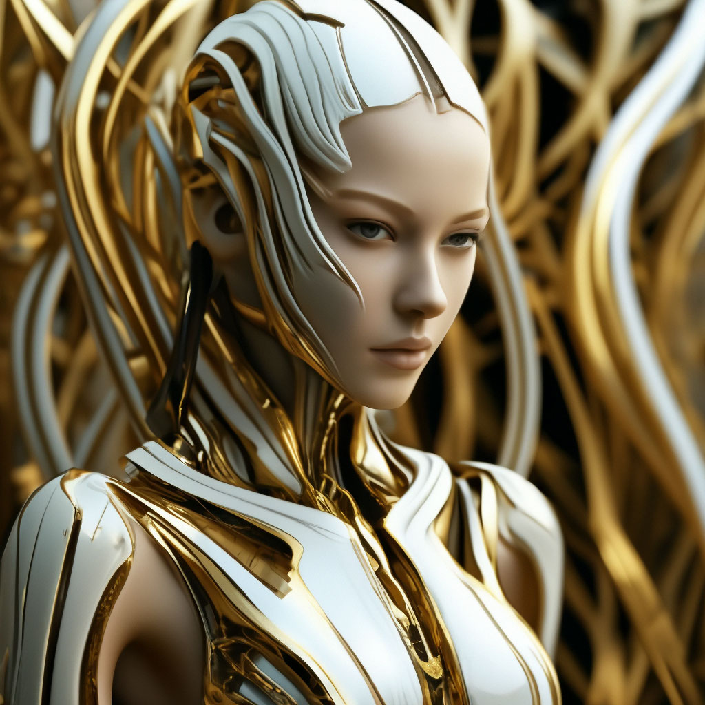 "Cyborg girl made of metallic, fractal gold and white threads" — image ...