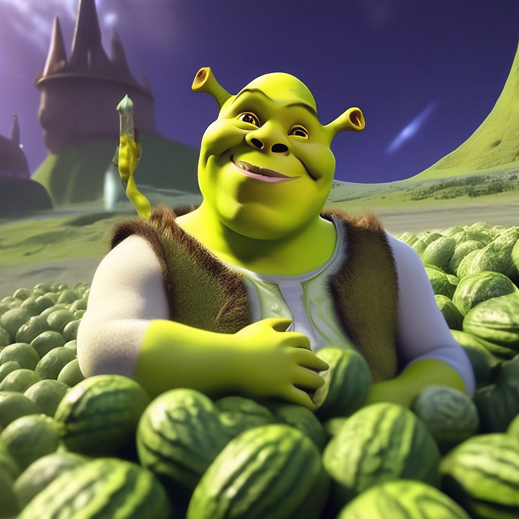 "Shrek on the planet of cucumbers" — image created in Shedevrum