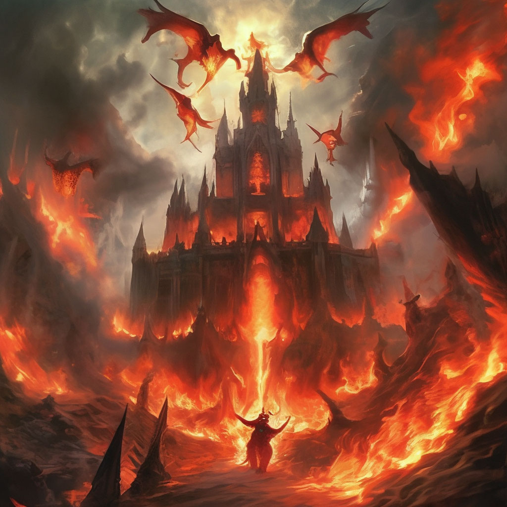 "Hell, hell castle, flying demons, all on fire" — image created in ...