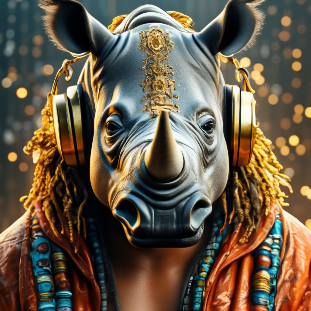 "NFT ART, Anthropomorphic rhinoceros with dreadlocks, wearing gold ...