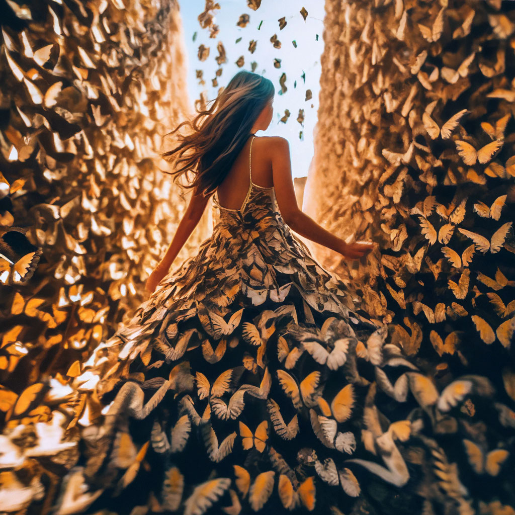 "Beautiful girl long dress made of a million butterflies" — image ...