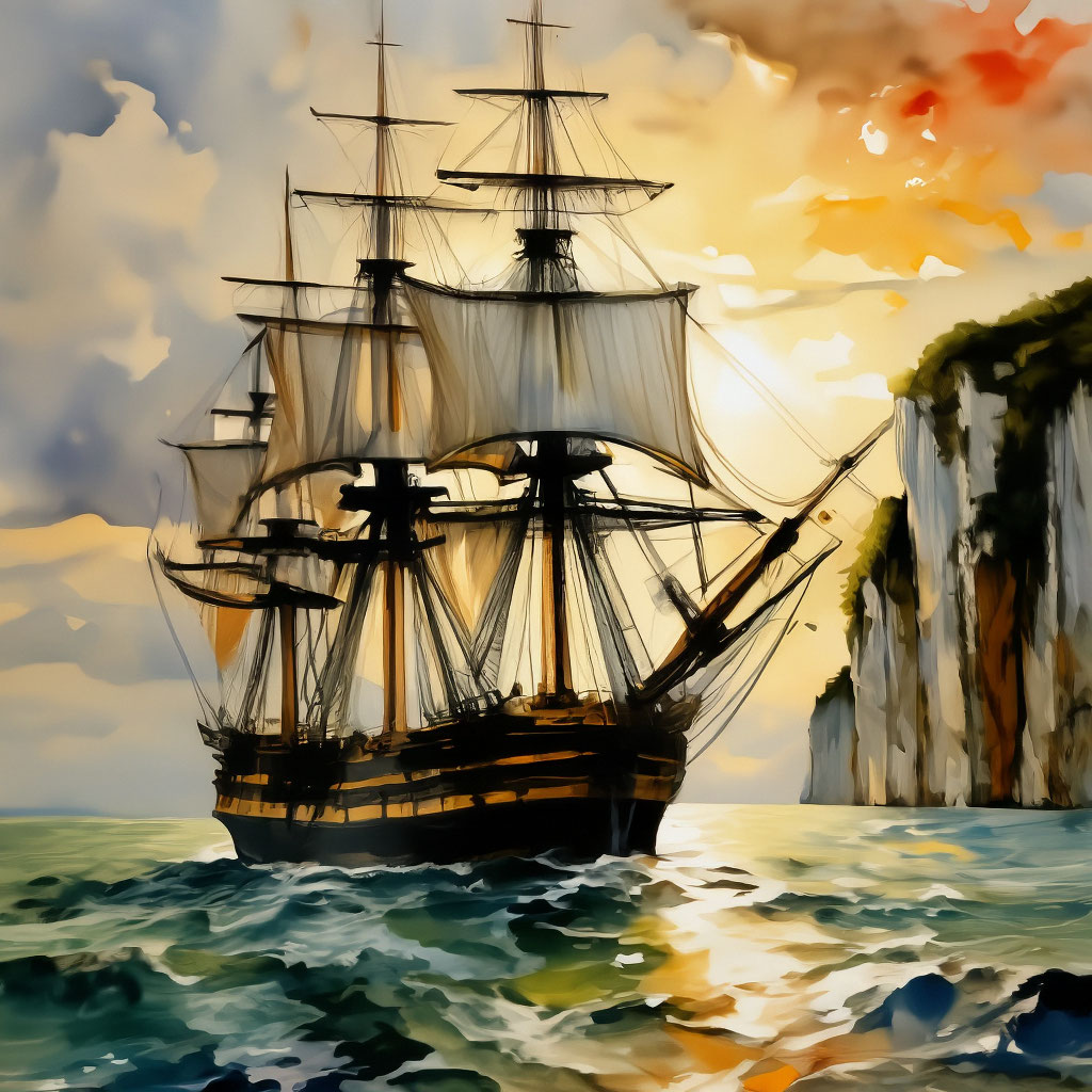 "Watercolor, ink outline drawing, epic, English frigate, scarlet sails ...