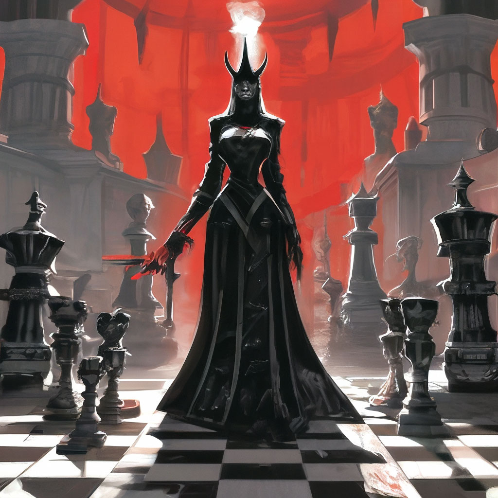 "Black and red anthropomorphic chess queen. tall, stern, domineering ...