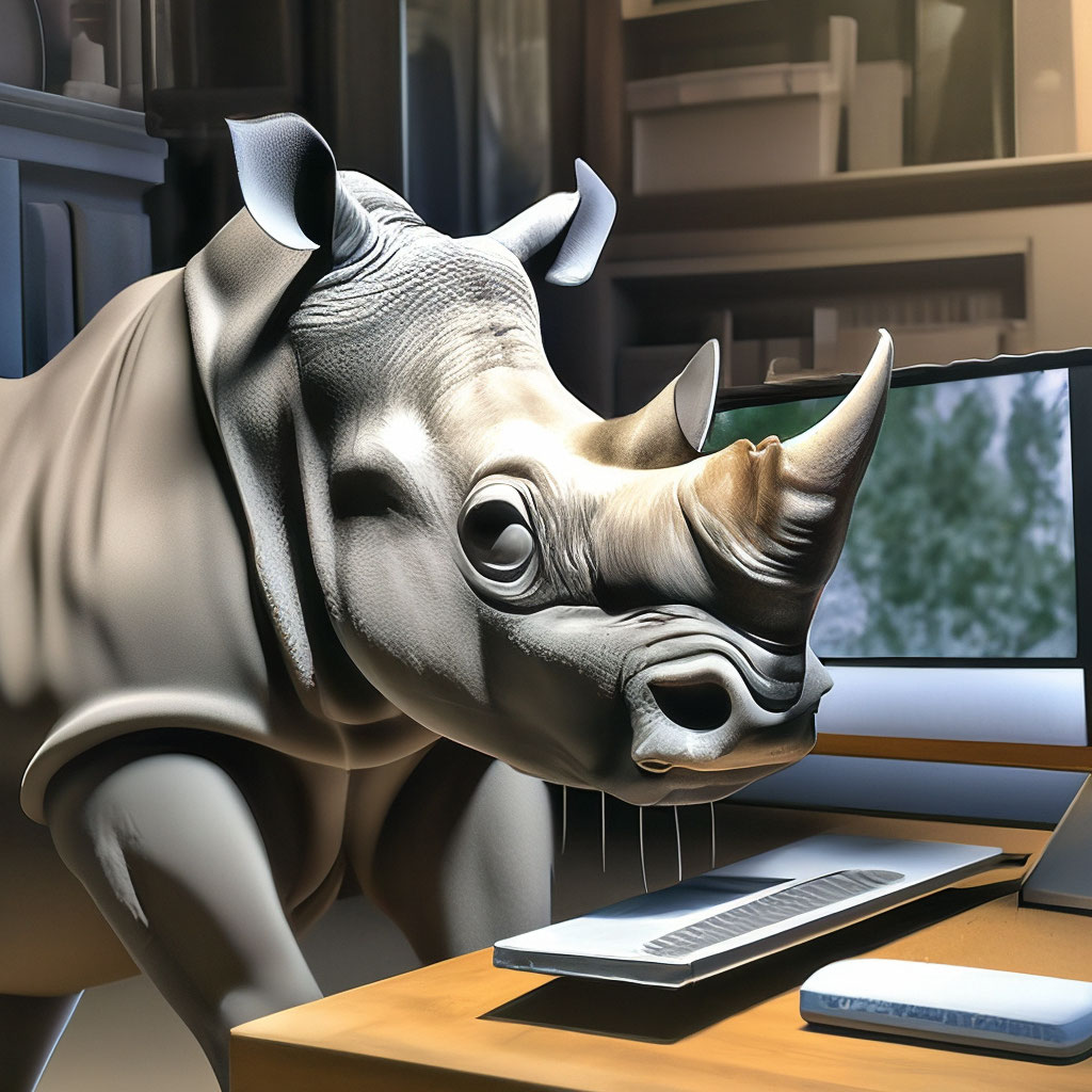 "Rhinoceros behind a laptop, realistic" — image created in Shedevrum