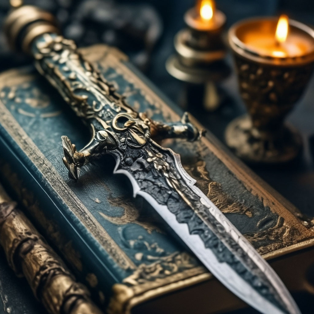 "Vampire dagger, complex details, gloomy atmosphere, lies on an old ...