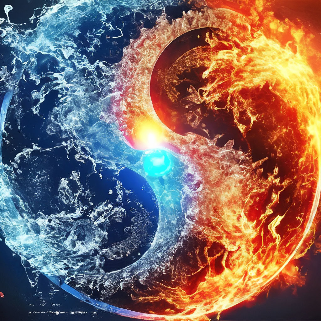 "Yin -fire, yang - water, combining signs, pixel study, close-up, high ...