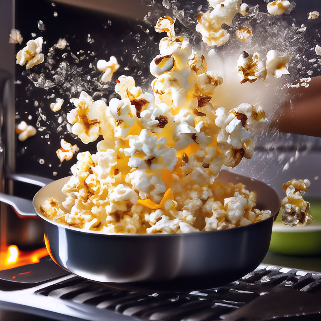 "Popcorn exploded in a frying pan on the stove. photorealism" — image ...