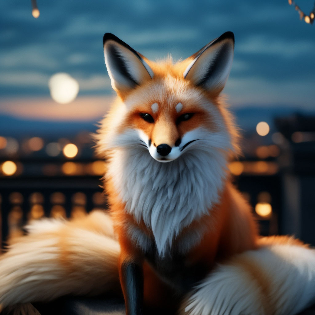 "Fox nine-tailed kitsune moonlight at night on the roof of the palace ...