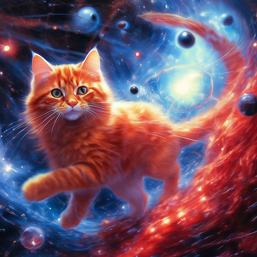 "A red-haired cat plays with black cosmic matter" — image created in ...