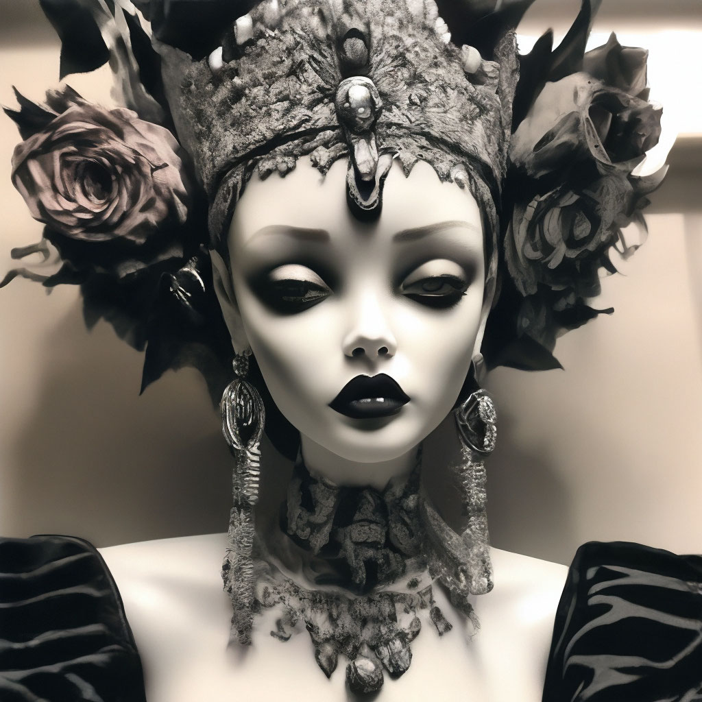 "The mannequin is frontally symmetrical. a queen doll with a human face ...