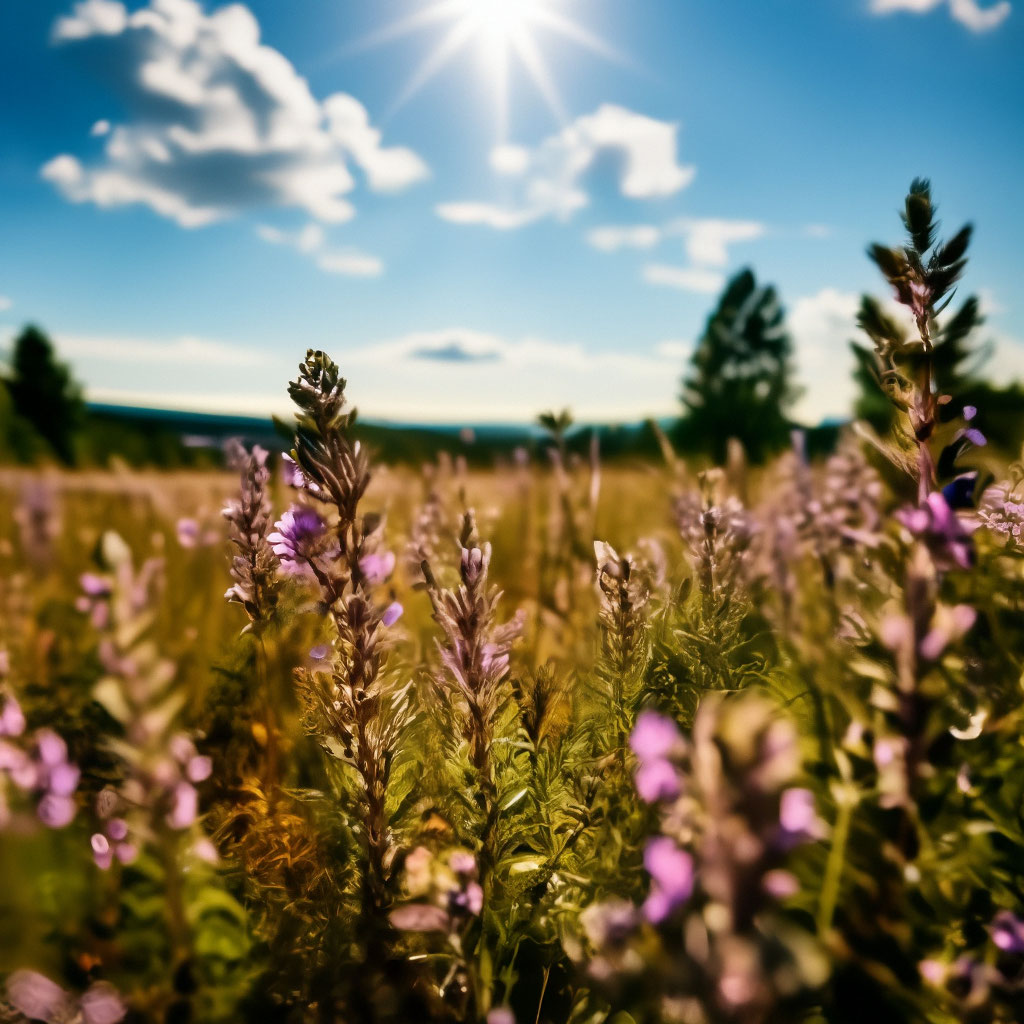 "Meadow with heather, summer, the sun is shining, clear sky, noon ...