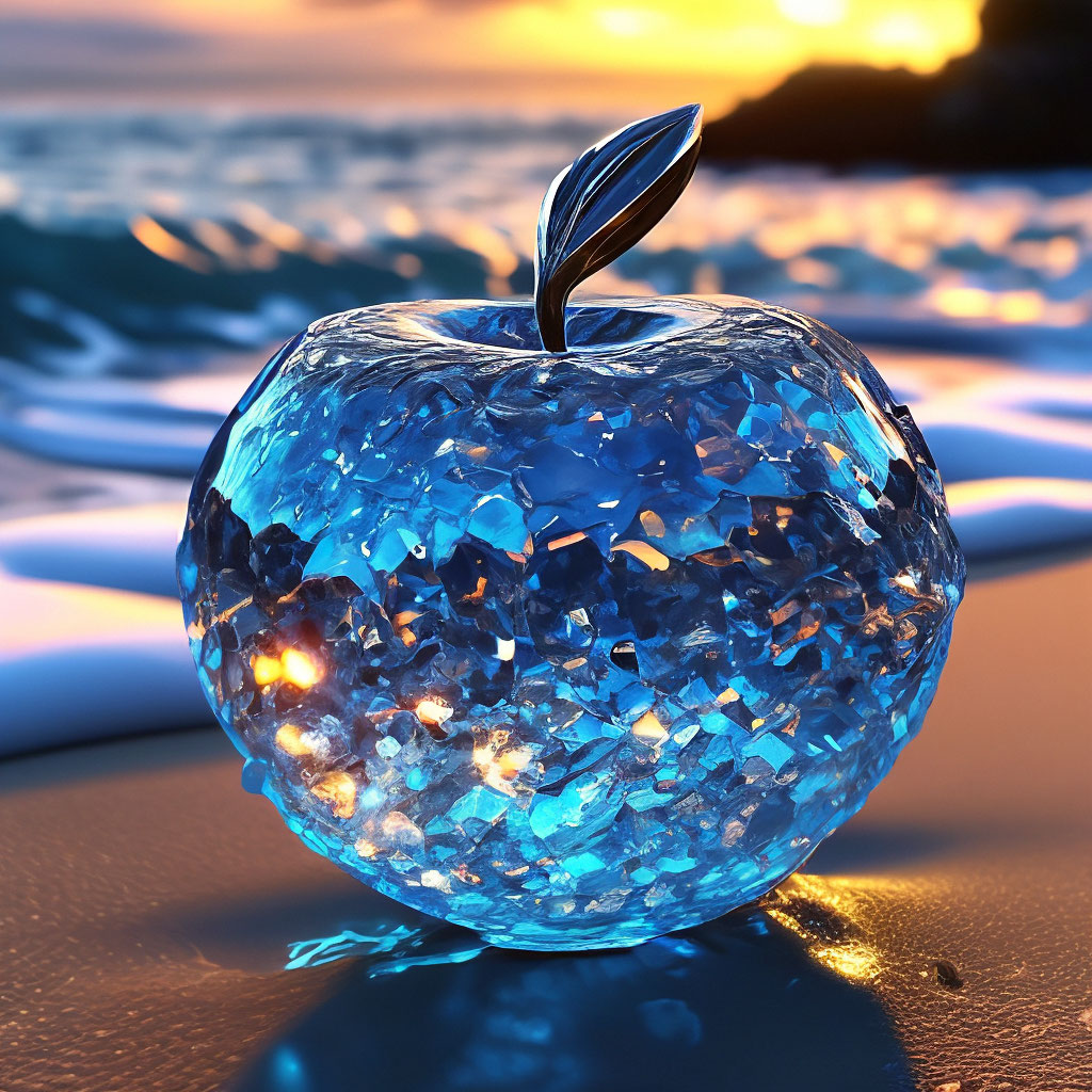 "Epic crystal apple with the sea glowing inside, beach,clouds, blue ...