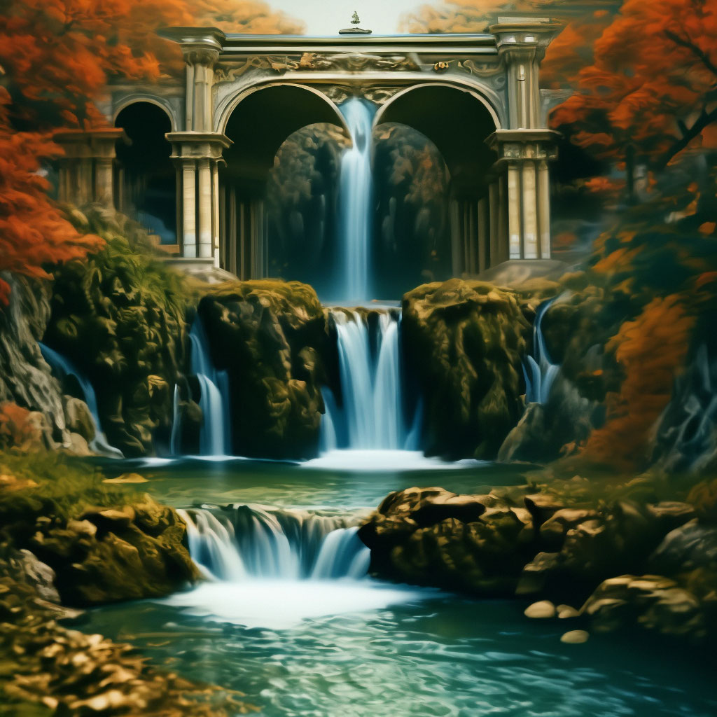 "Surrealism, double exposure over the Venetian mask bridge, waterfall ...