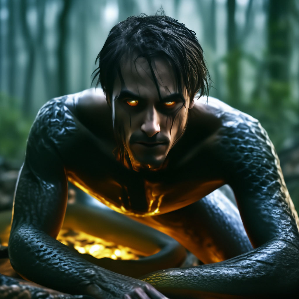 "A full-length man with vertical pupils, with a human torso and a snake ...