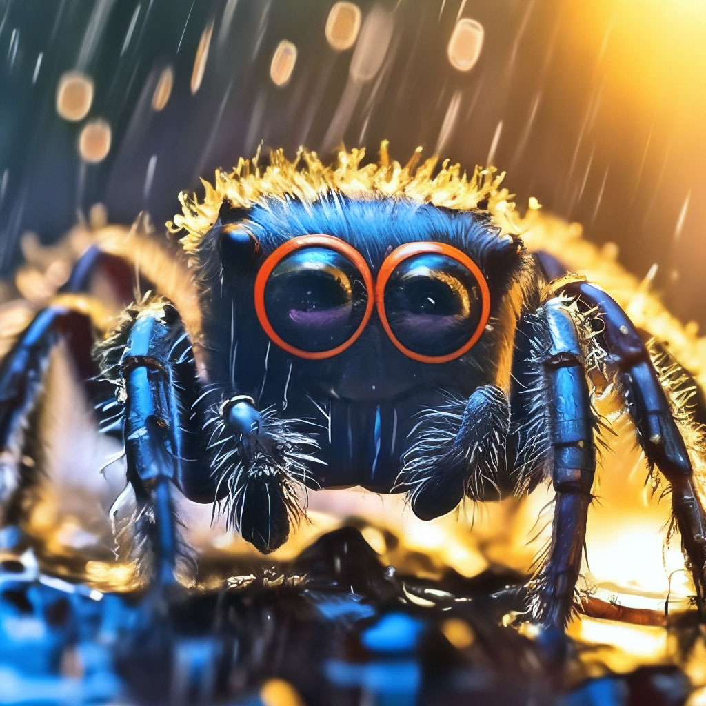 "Sad, baby spider huge expressive eyes, sad face, in the rain, complex ...