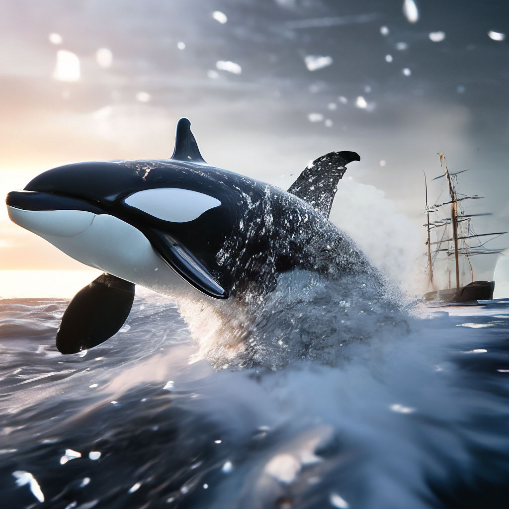 "Double exposure: Orca sailing next to the ship, Frigate,snow+coherent ...