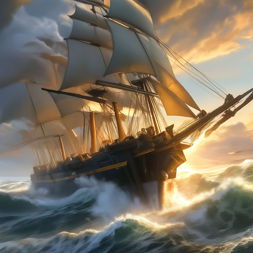 "Sailing frigate at sea is shipwrecked, high detail, waves, spray ...