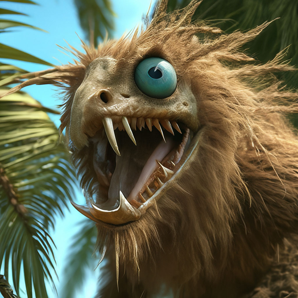 "😳 realistic coconut creature with teeth and eyes, hairy, drooling ...
