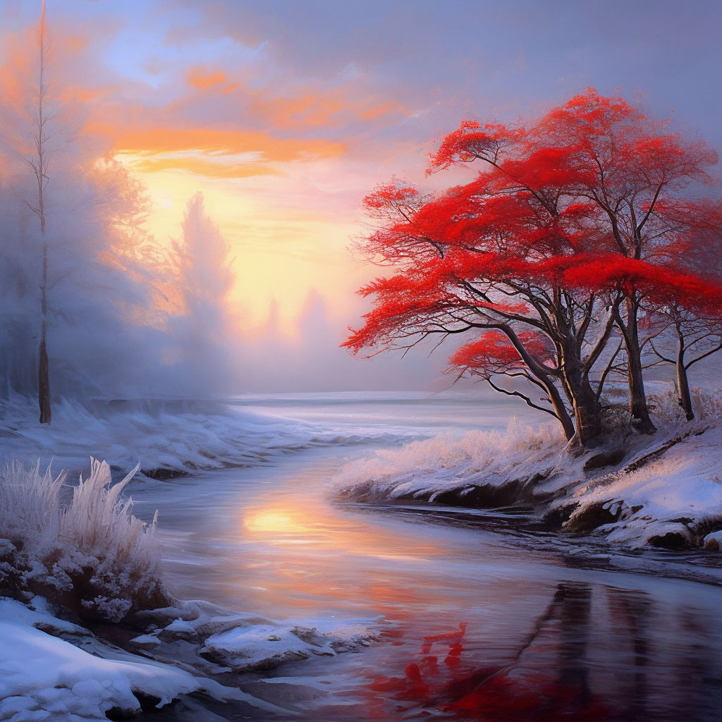 "Winter landscape. A forest, a frozen river, a tree with a red rowan ...