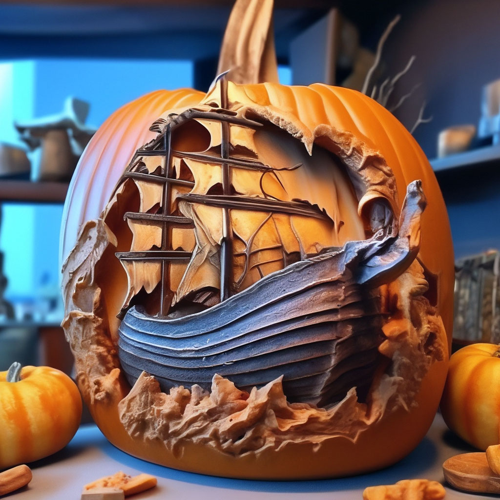 "Artful realistic 3d pumpkin carving, sunken ship, aesthetically ...